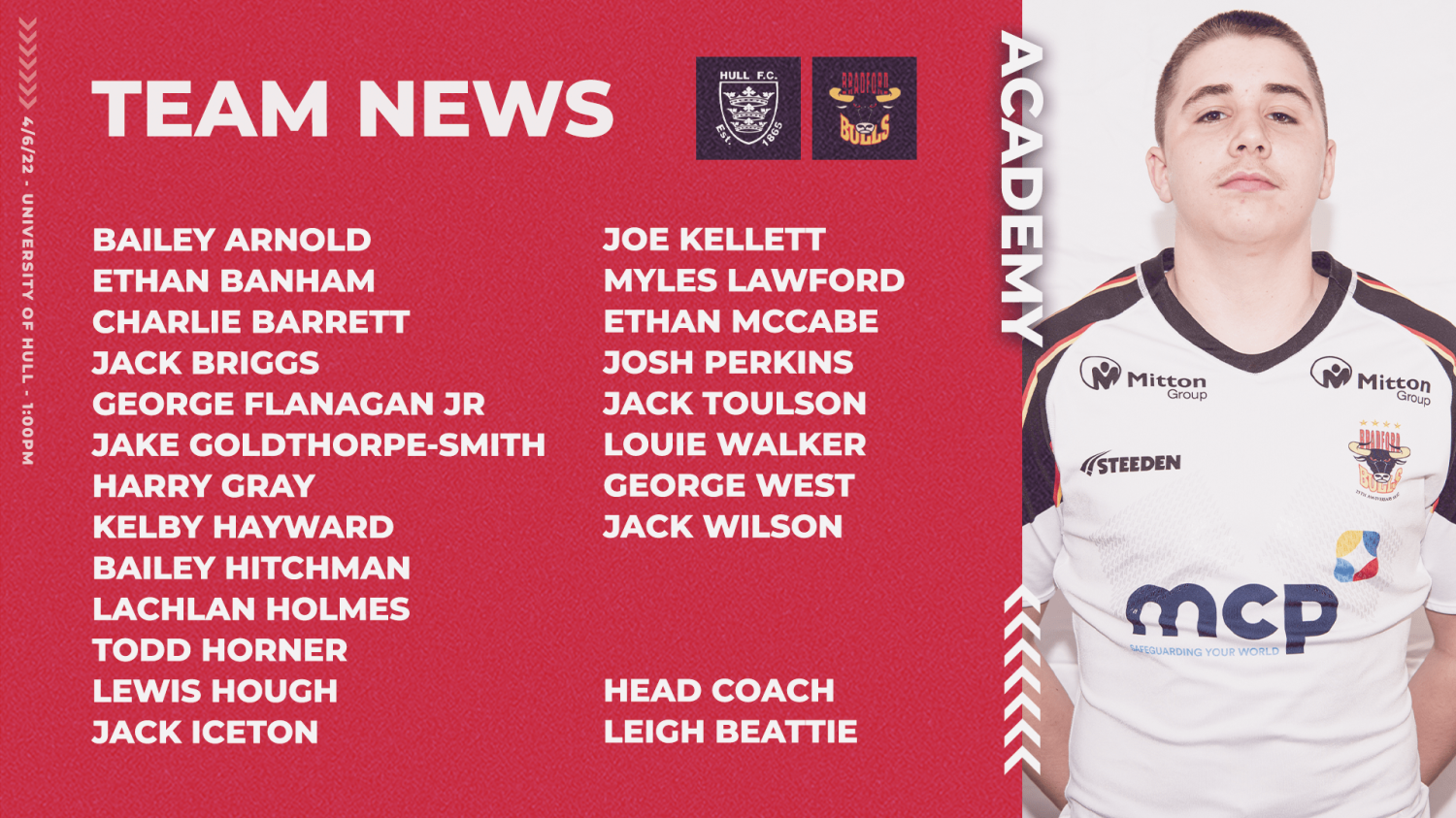 BEATTIE NAMES ACADEMY SQUAD FOR HULL TRIP