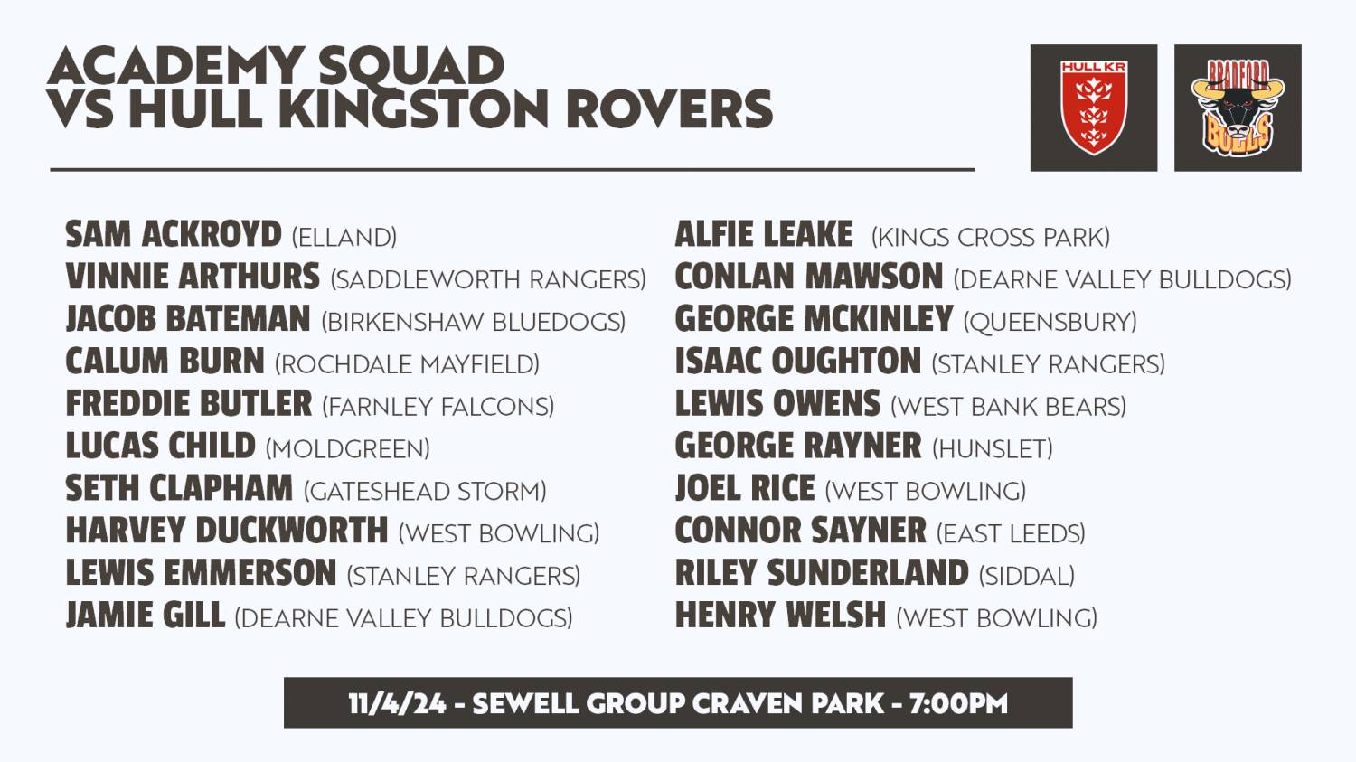 ACADEMY SQUAD NAMED FOR HULL KR CLASH