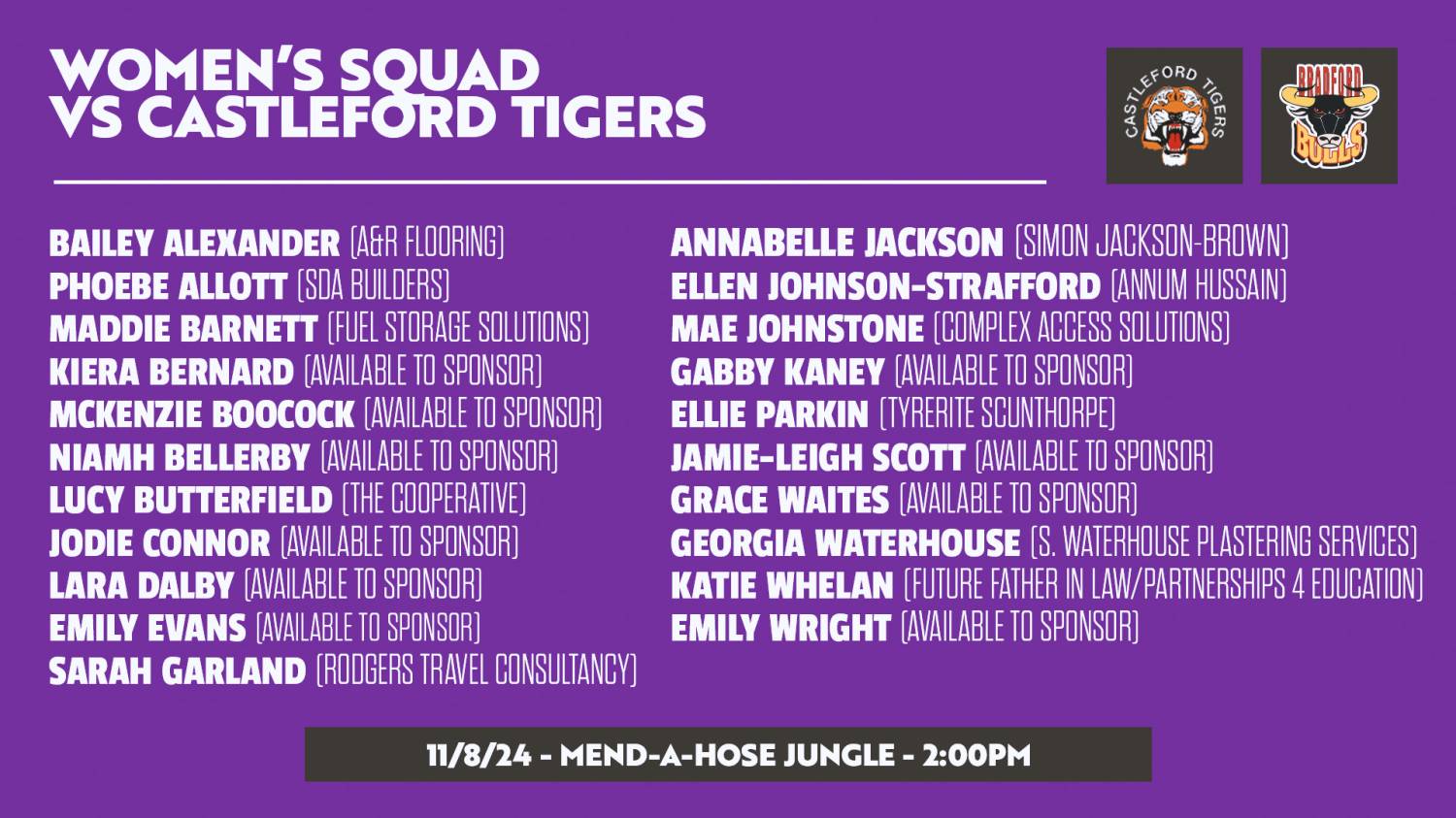 WOMEN'S SQUAD NAMED FOR TIGERS CLASH